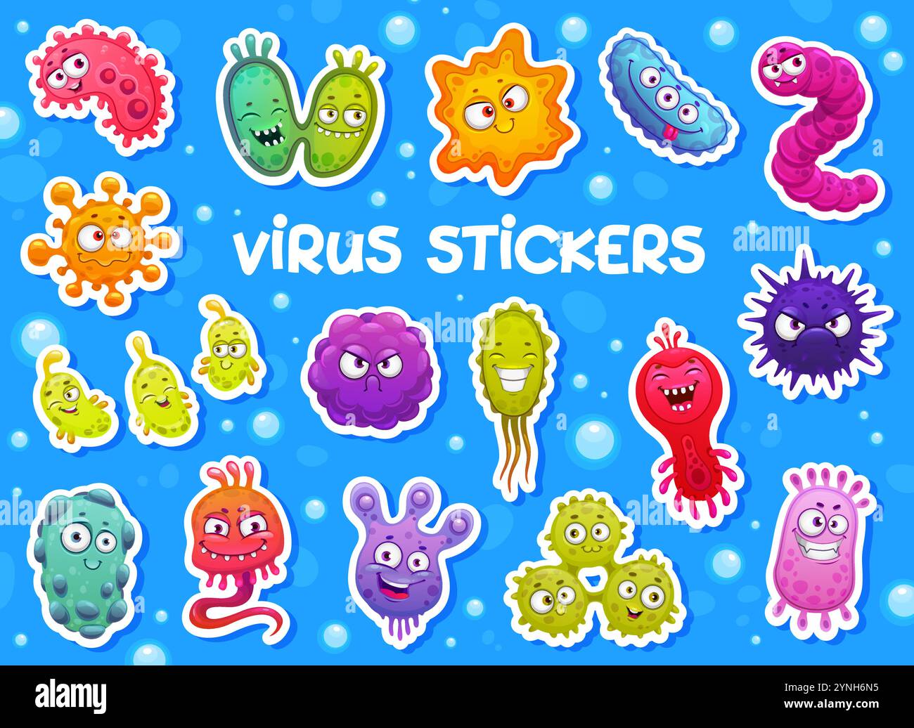 Cartoon virus characters, bacteria and germ stickers. Cute monsters of ...