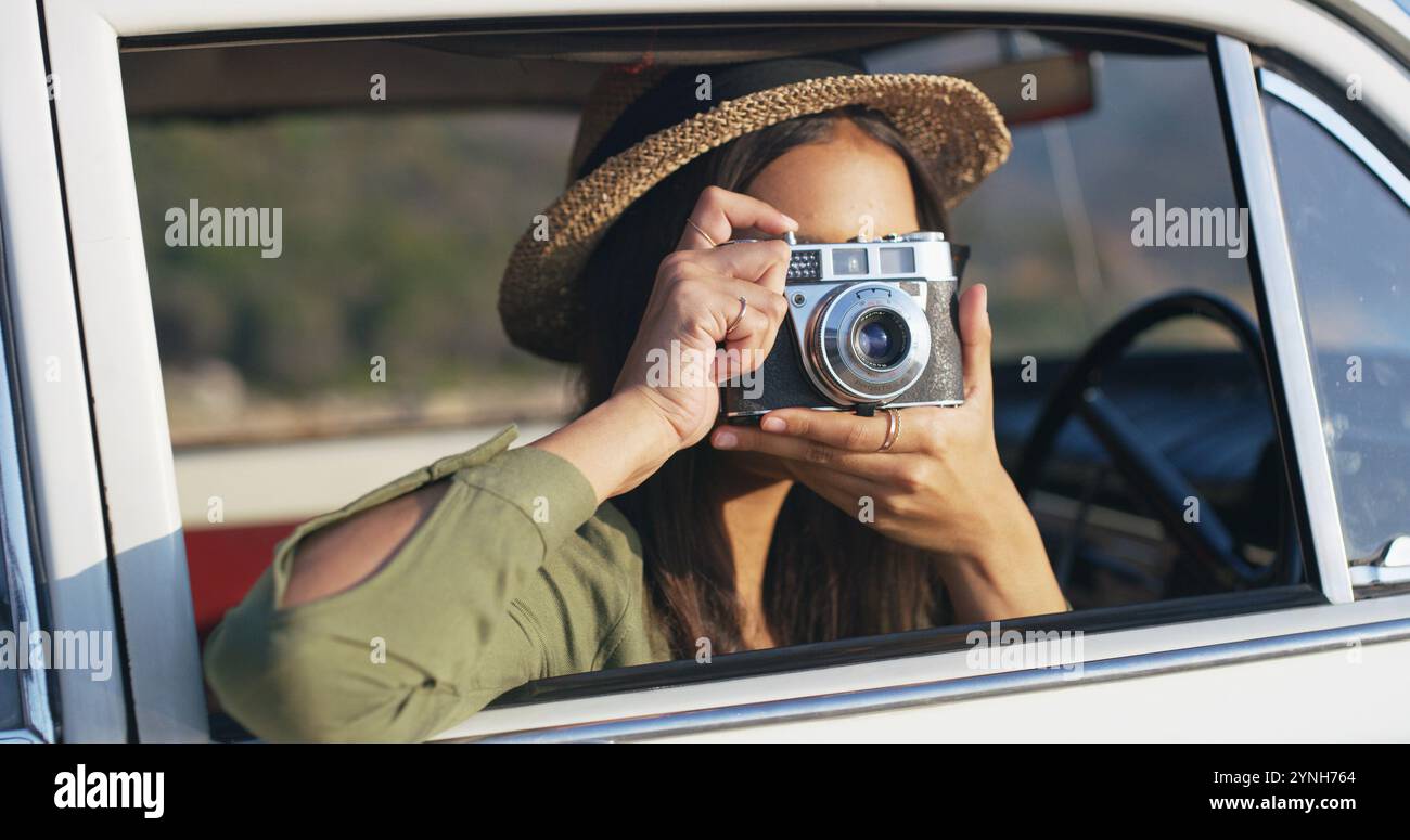 Travel, driver and photography for road trip, woman and fresh air in ...