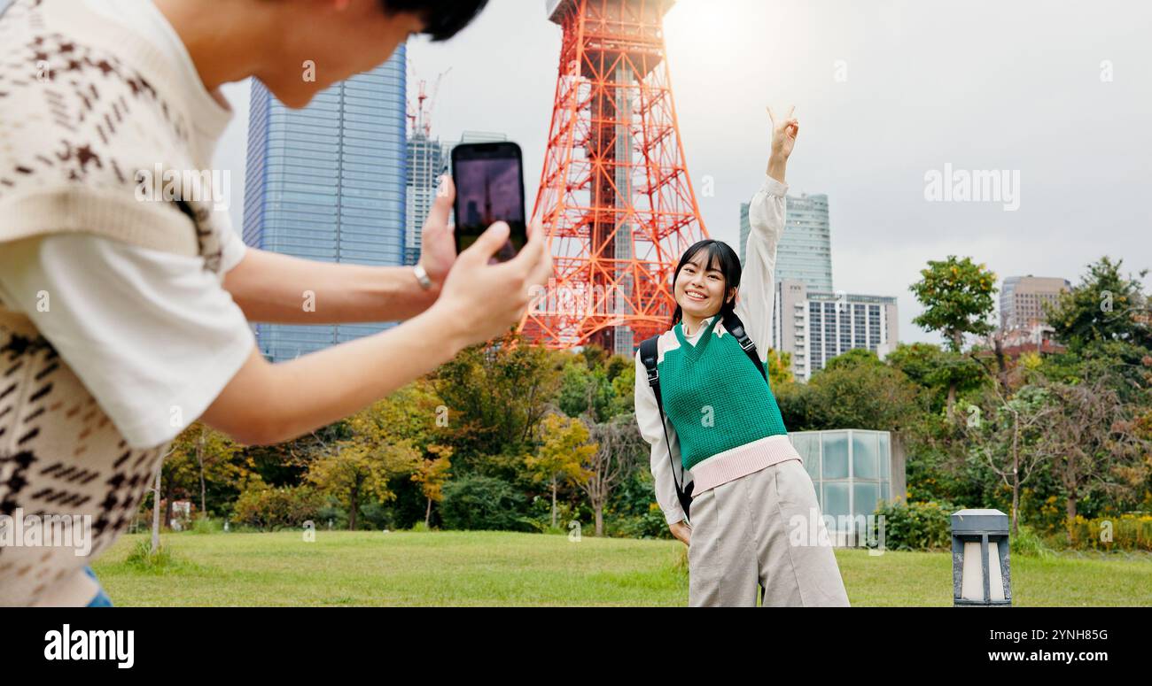 Vacation, photography and couple with phone, city and capturing of ...