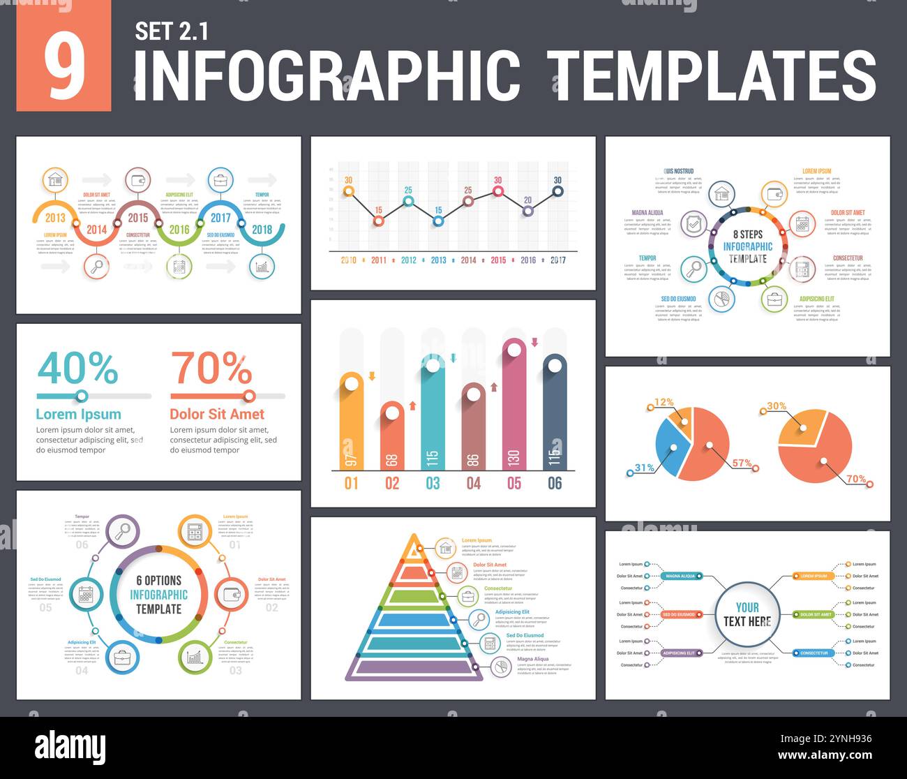 9 infographic templates, set 2, colors 1 - timeline, bar and line ...