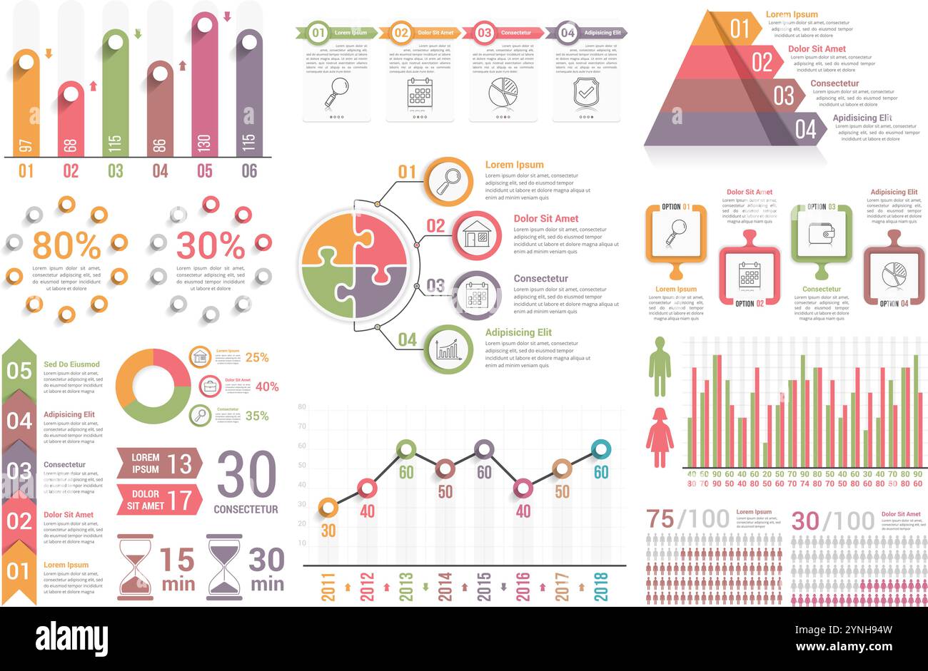 Infographic elements - bar and line graphs, process, steps, options ...