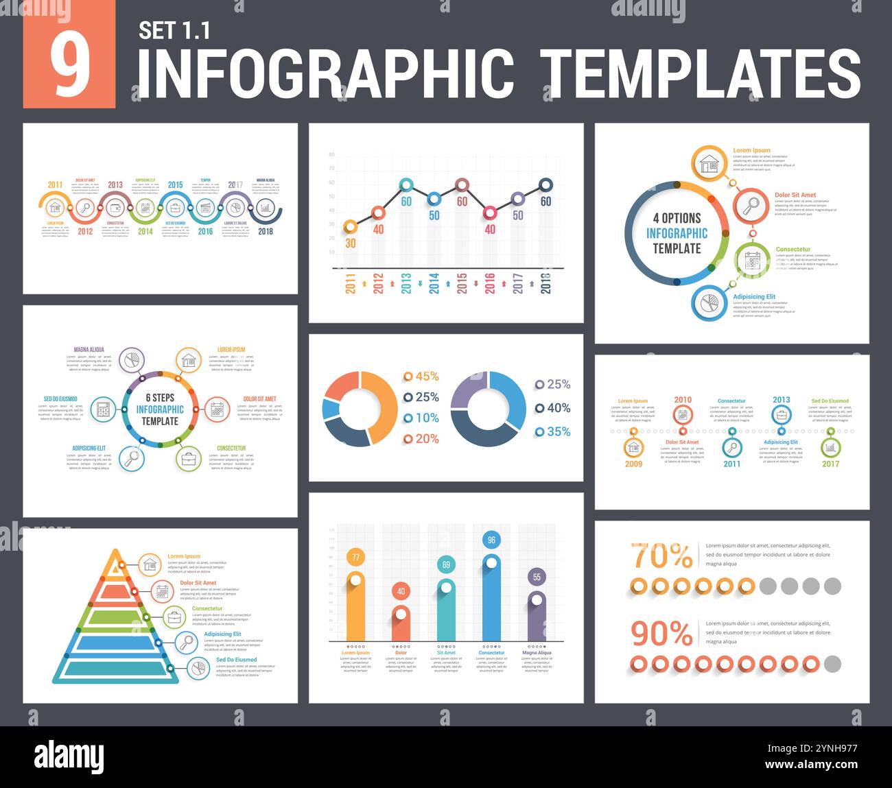 9 infographic templates, set 1, colors 1 - timelines, bar and line ...