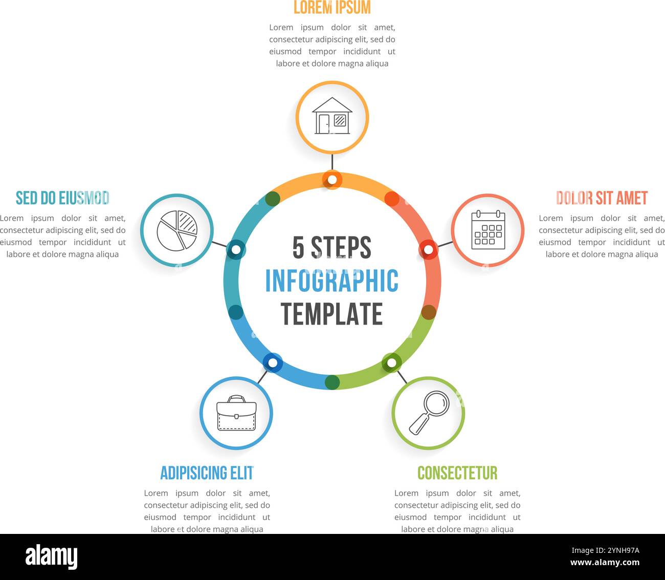 Circle infographic template with five elements, steps or options ...