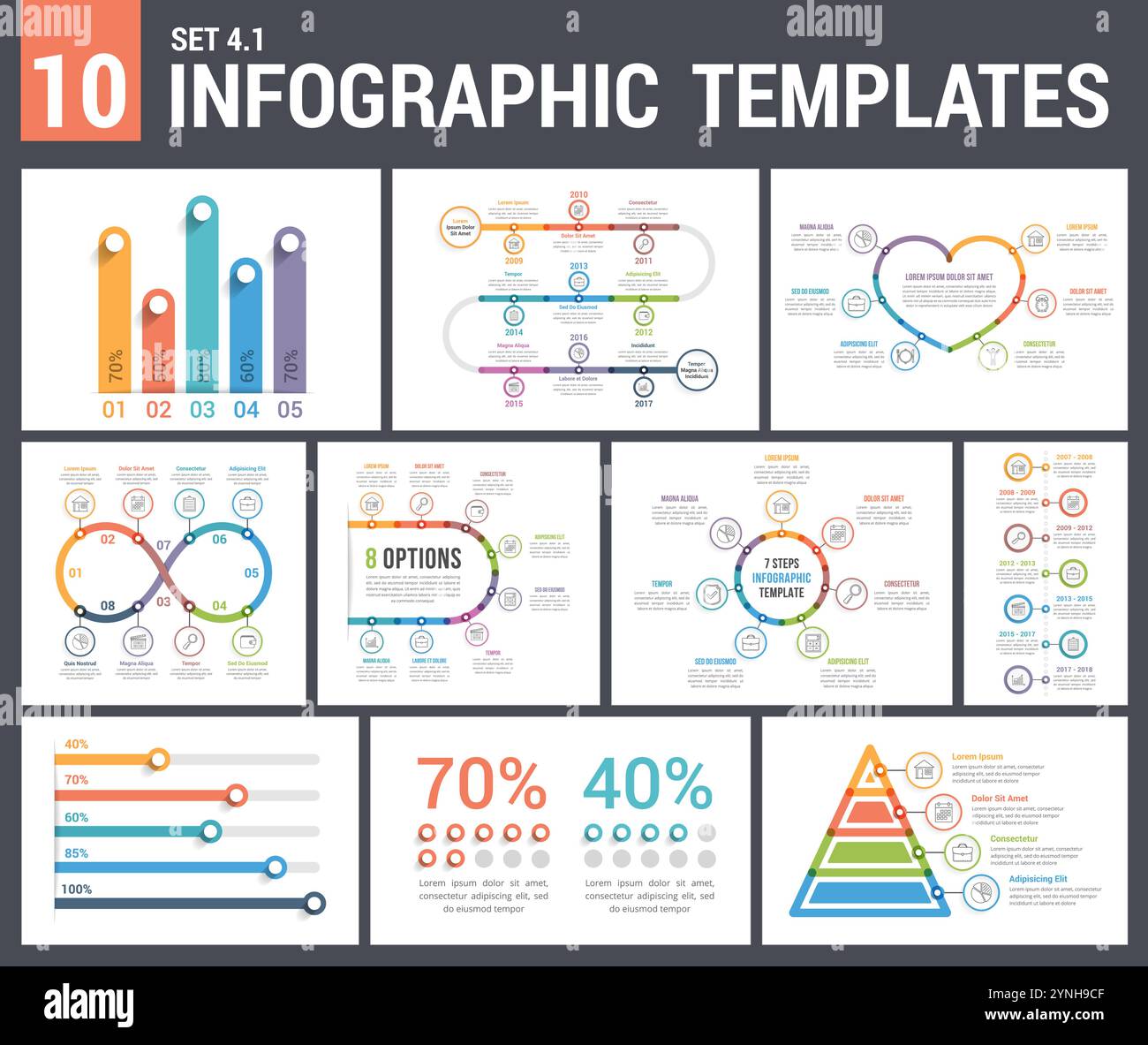 9 infographic templates, set 4, colors 1 - timelines, bar charts ...