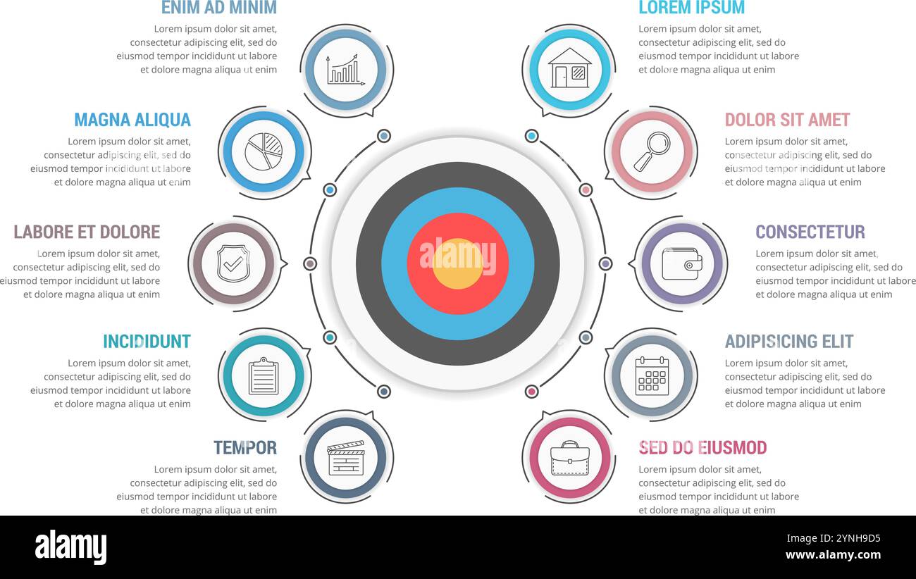 Infographic template with target with ten steps or options, workflow ...