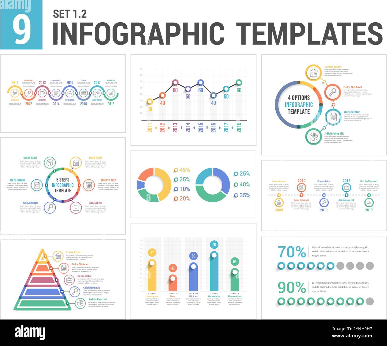 9 infographic templates, set 1, colors 2 - timelines, bar and line ...