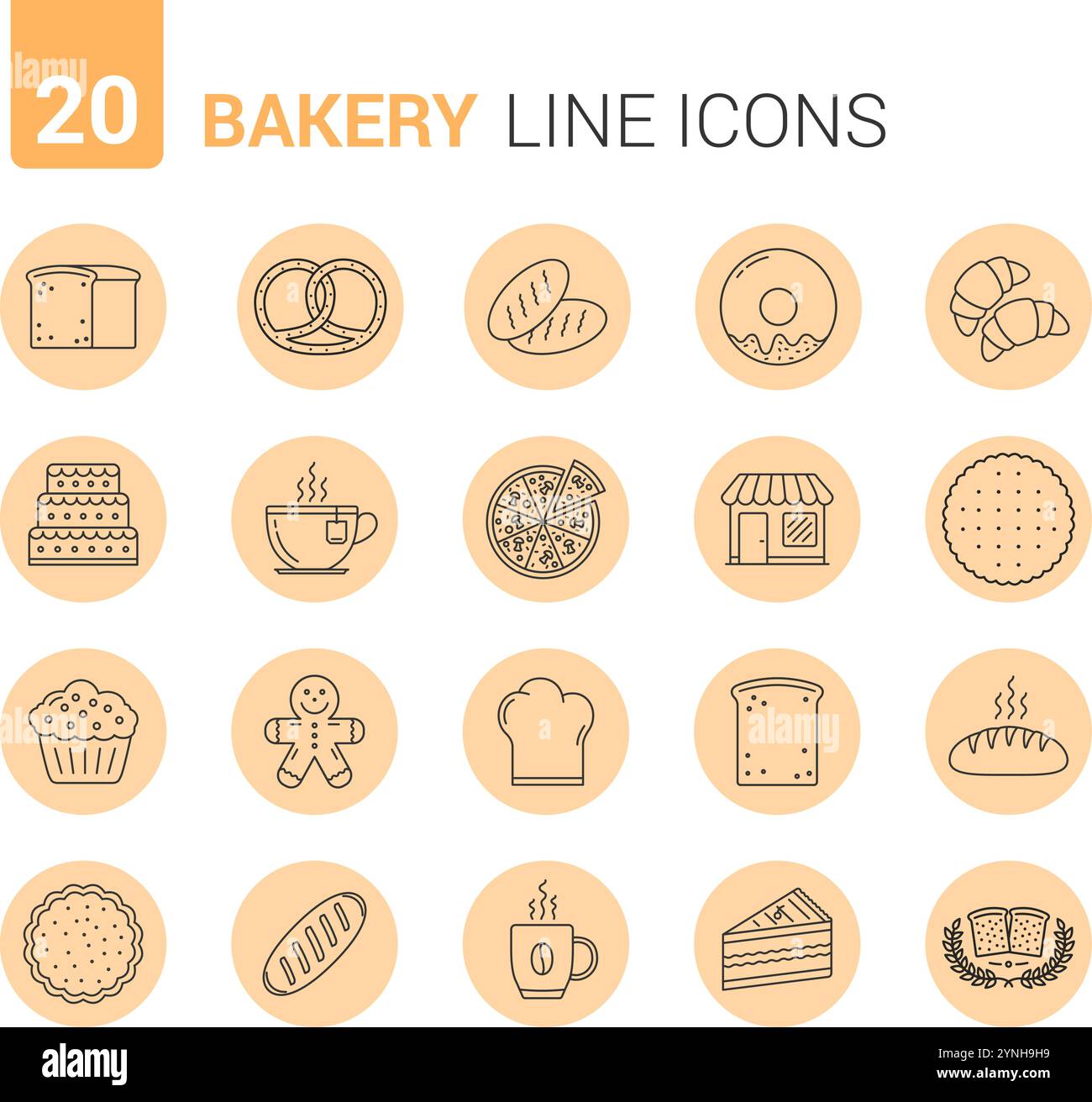 20 Bakery line icons - bread, pies, cookies, donuts and others, vector ...