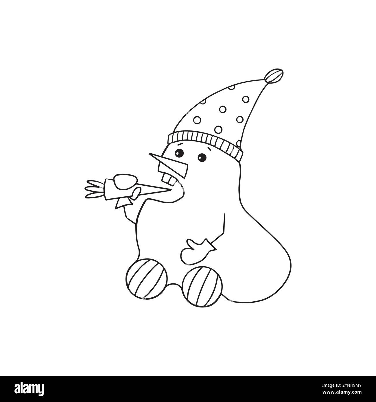 Hungry Snowman in a hat with his mouth wide open eating carrots. For ...