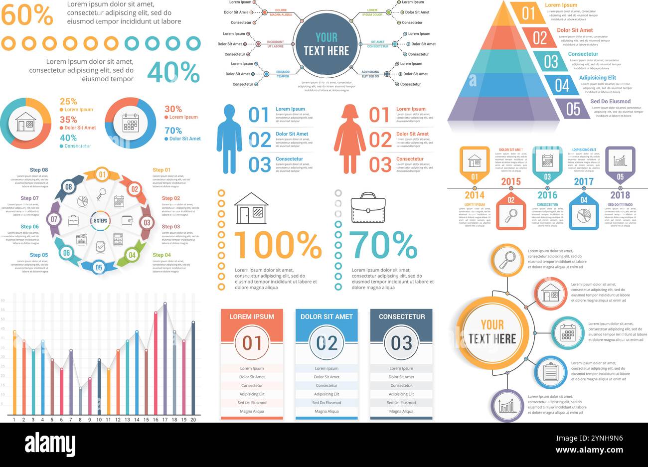 Infographic elements - percents, pie charts, circle diagram, bar graph ...