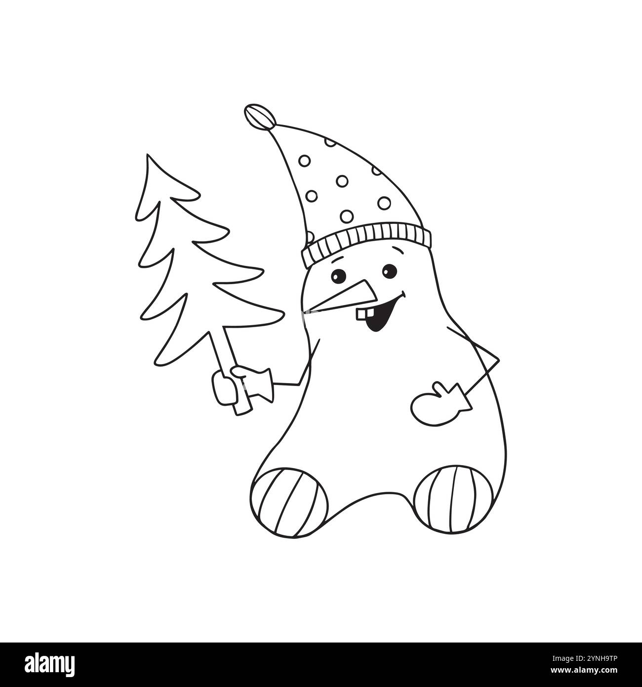 A cheerful snowman in a hat and with a smile on his face holds a ...
