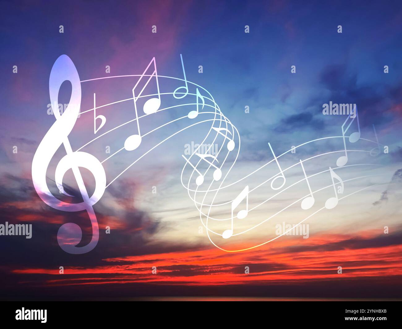 Musical symbols in beautiful sunset sky with clouds Stock Photo - Alamy