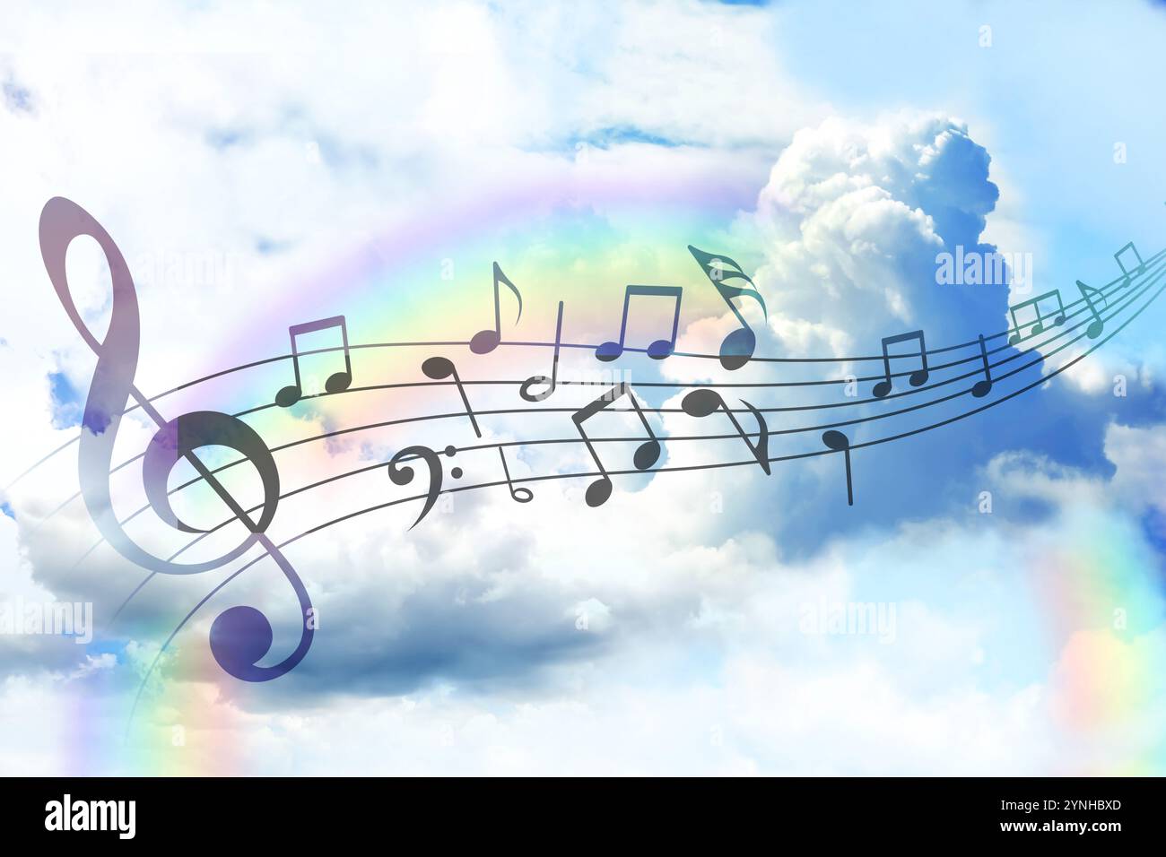 Musical symbols in beautiful sky with clouds and rainbow Stock Photo ...