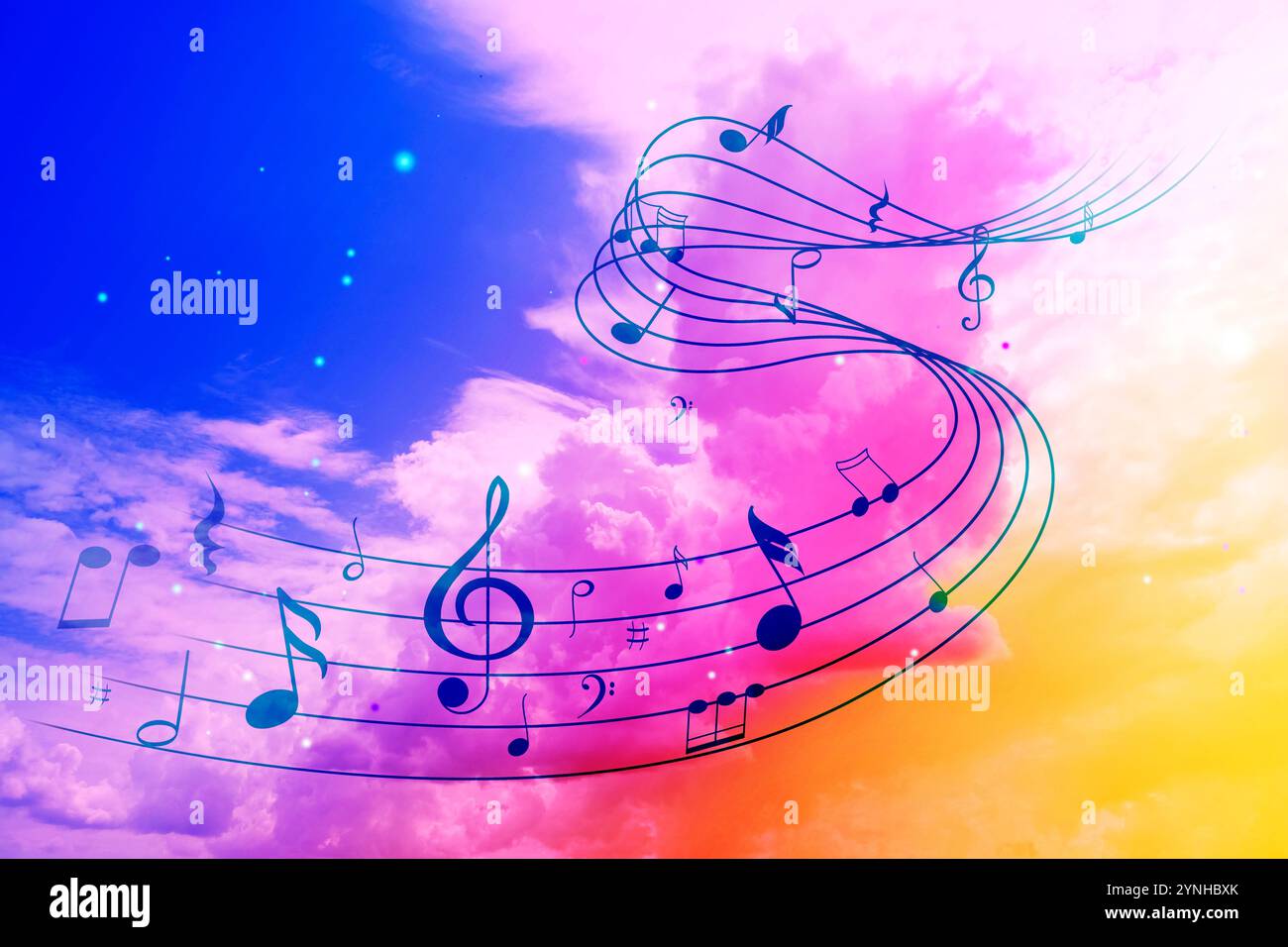 Musical symbols in beautiful sky with clouds, color toned Stock Photo ...