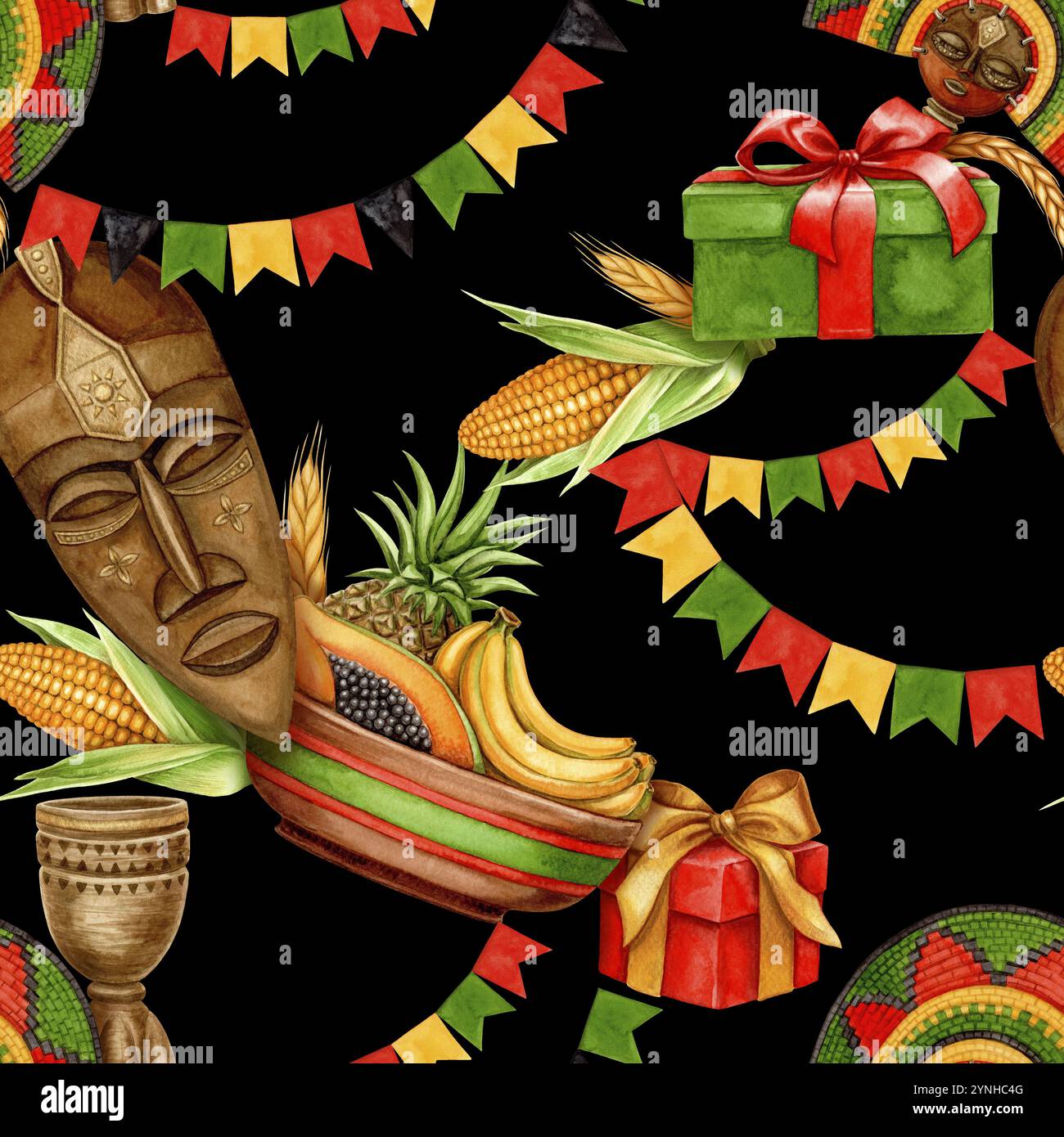 Kwanzaa seamless pattern of African mask, fruit plate and paper pennant ...