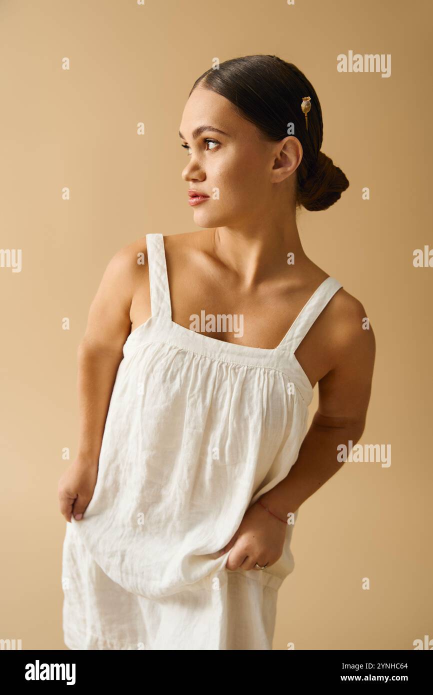 Short-statured female model radiates style and elegance in bright ...