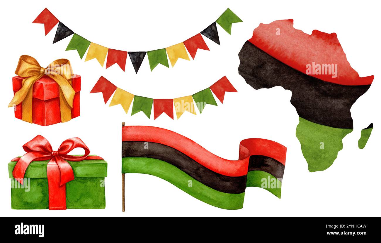 Set of Pan-African flag and continent map, wrapped gift and paper ...