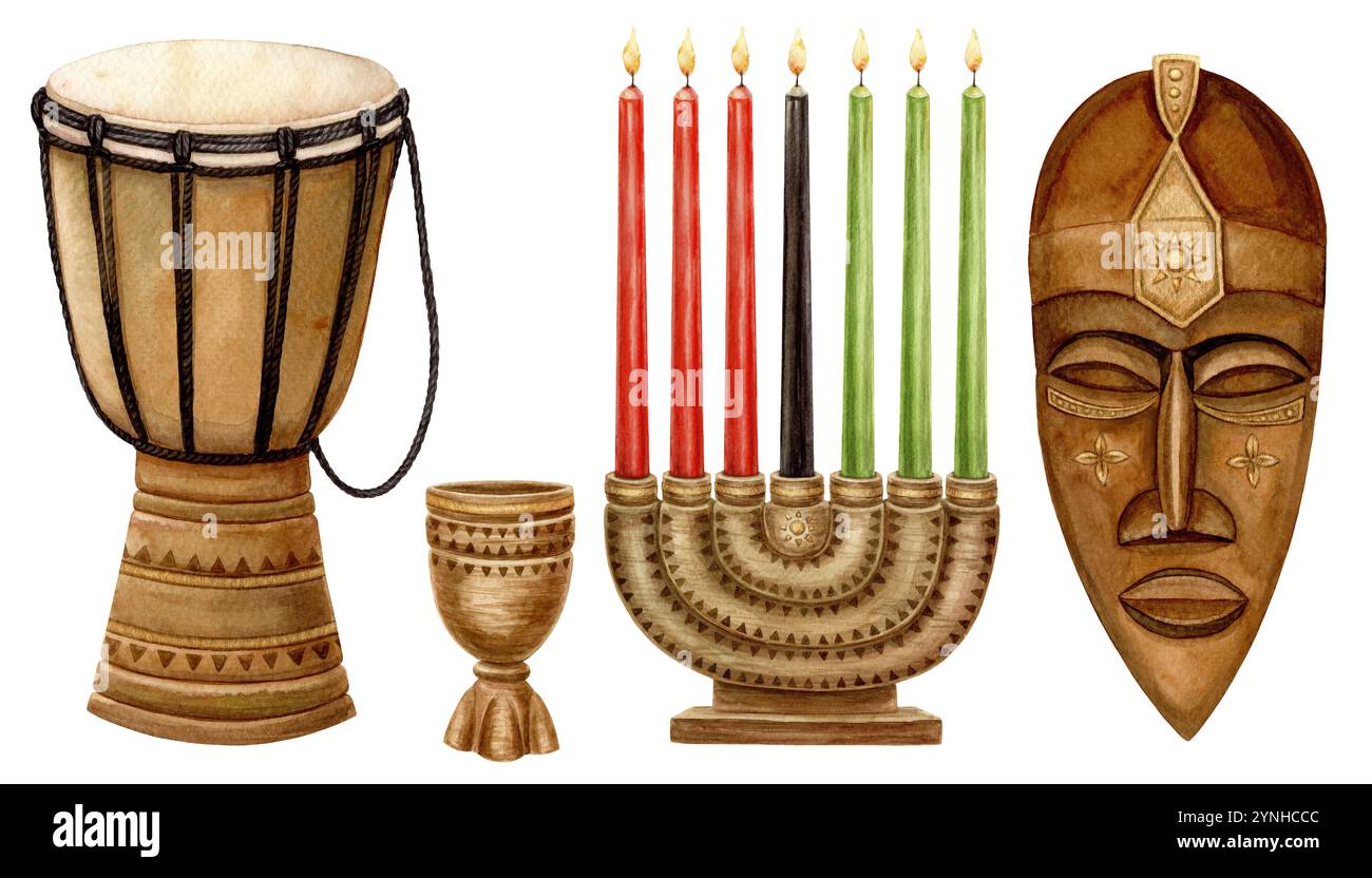 Set of Kinara wooden candleholder, African Ghana mask and drum with ...