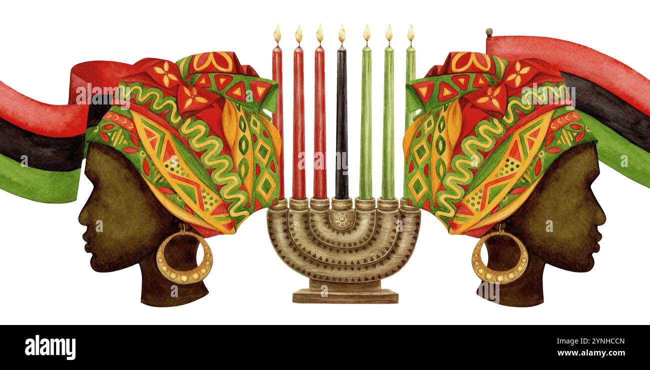 Kwanzaa seamless border of Kinara with Pan African flag and woman. Hand ...