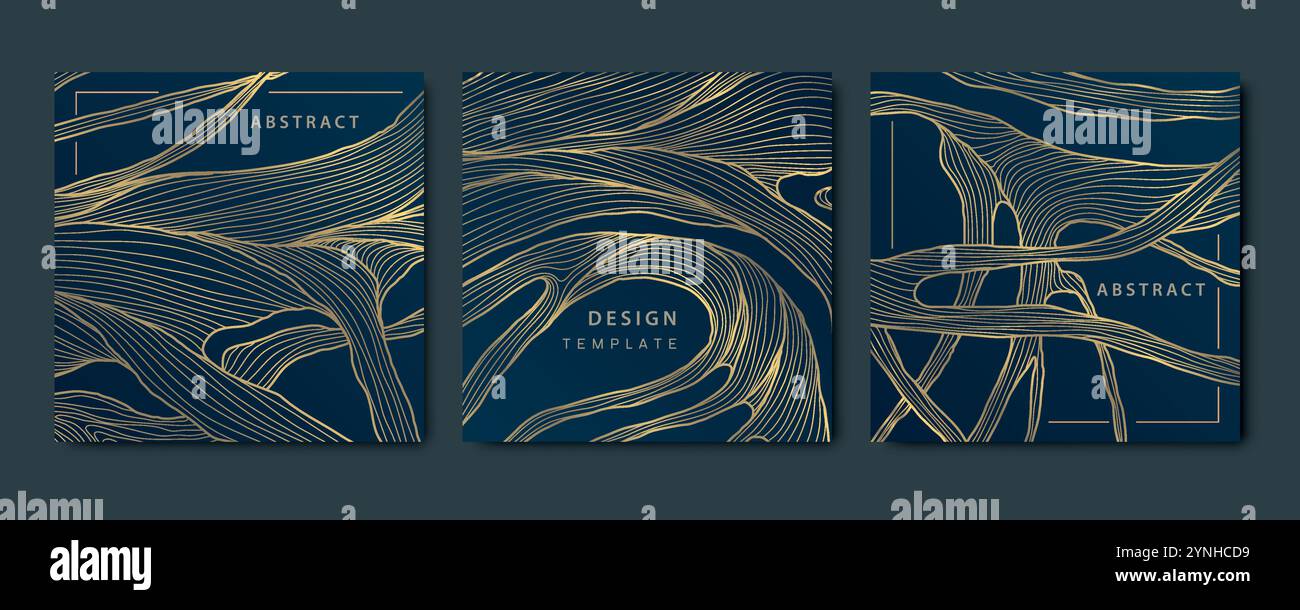Vector set of gold on blue tree branches, wood organic texture cards ...