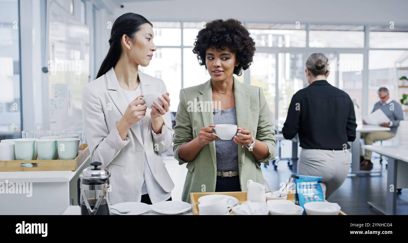Businesswomen, coffee break and together with talk, gossip and ...