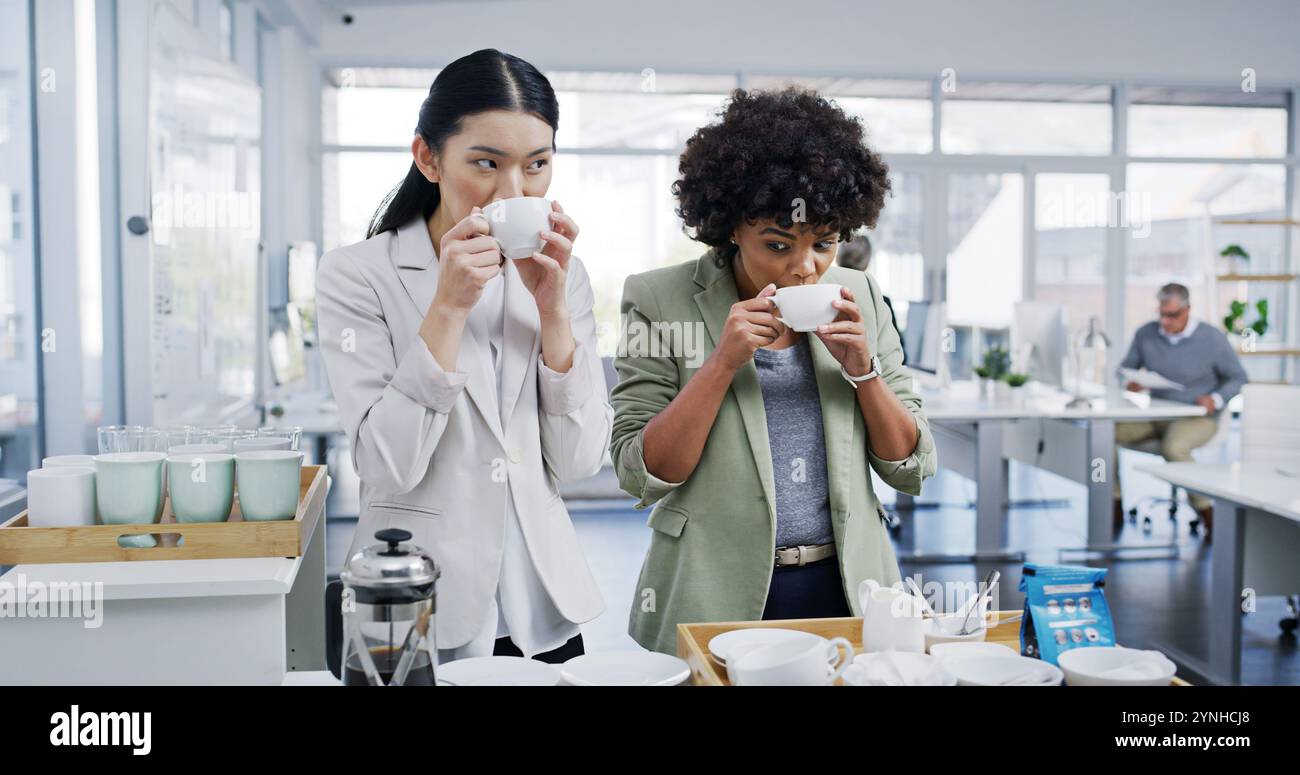 Businesswomen, coffee break and drinking tea with secret, joke and ...