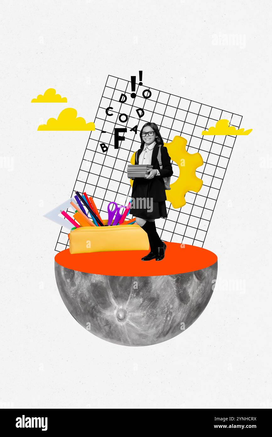 Composite collage picture image of young schoolgirl half moon study ...