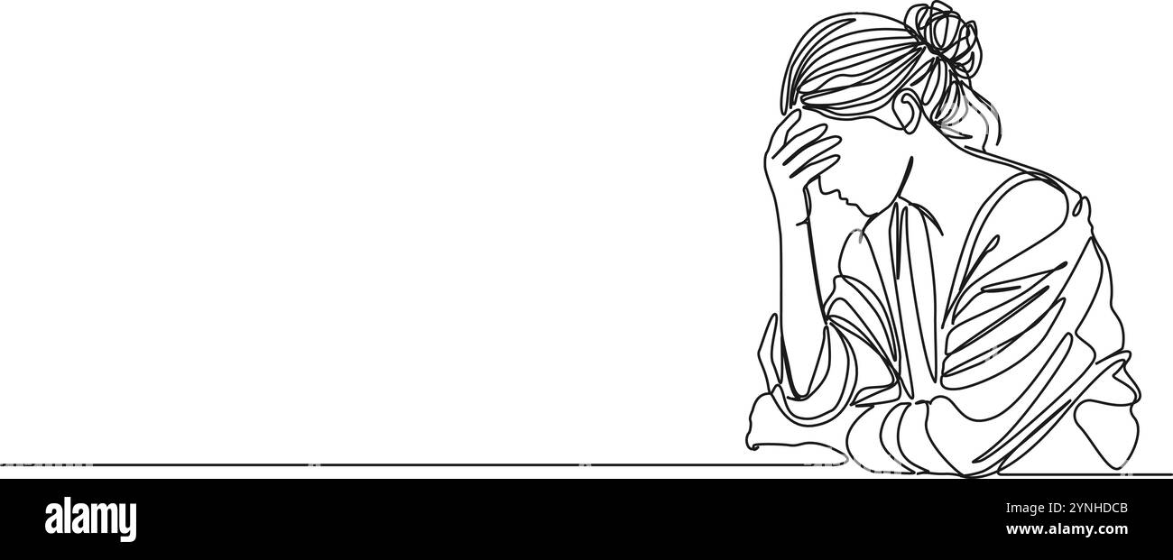 continuous single line drawing of overworked woman covering face with ...