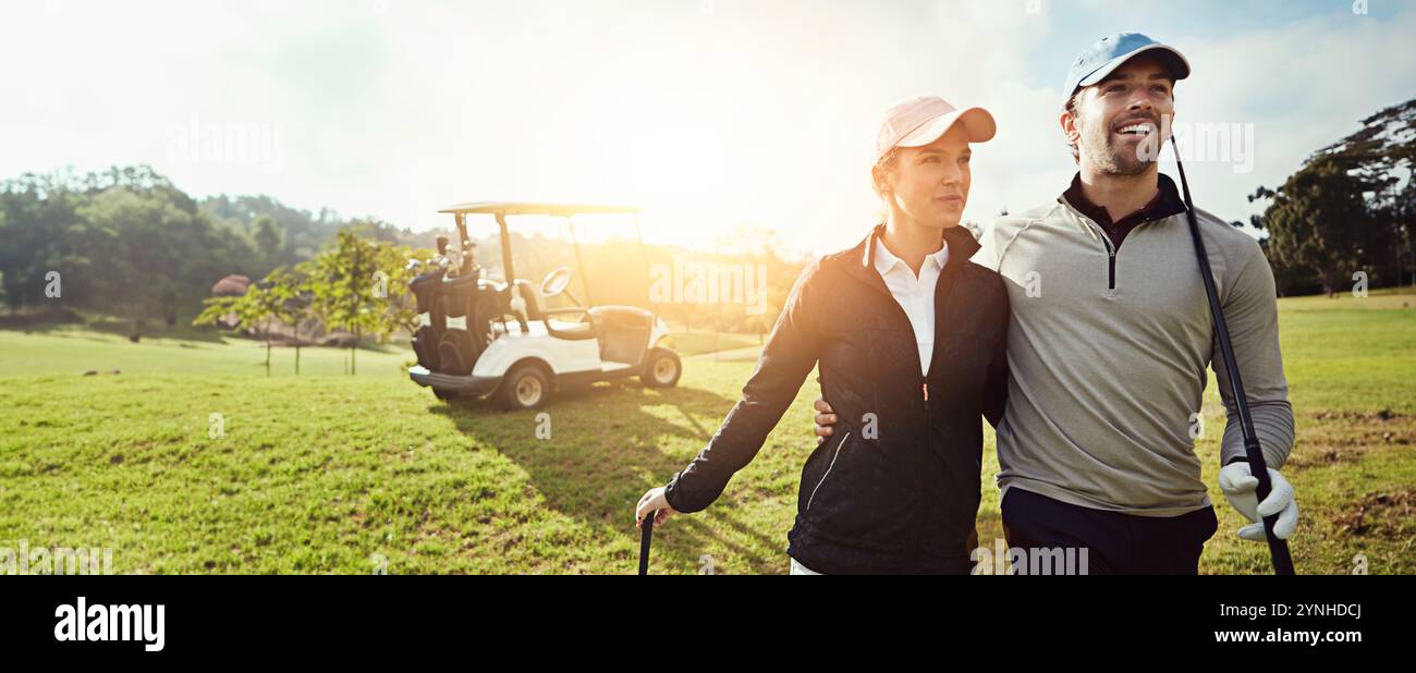Golf, outdoor and couple with hug on field together for leisure, hobby ...
