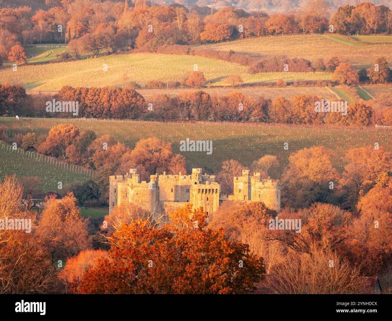 Bodiam castle during autumn from the high weald east Sussex south east ...