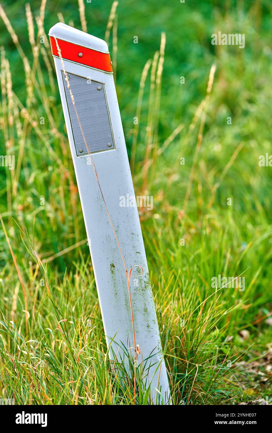 Grass, mile marker and road side with reflector on wooden pole closeup ...
