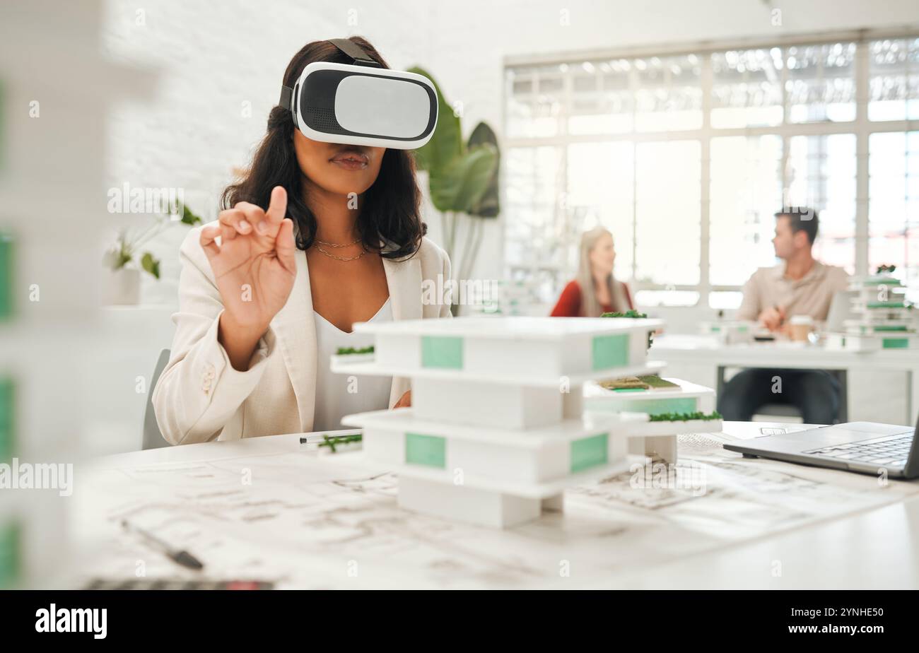Architect, woman and vr headset in office for building design ...