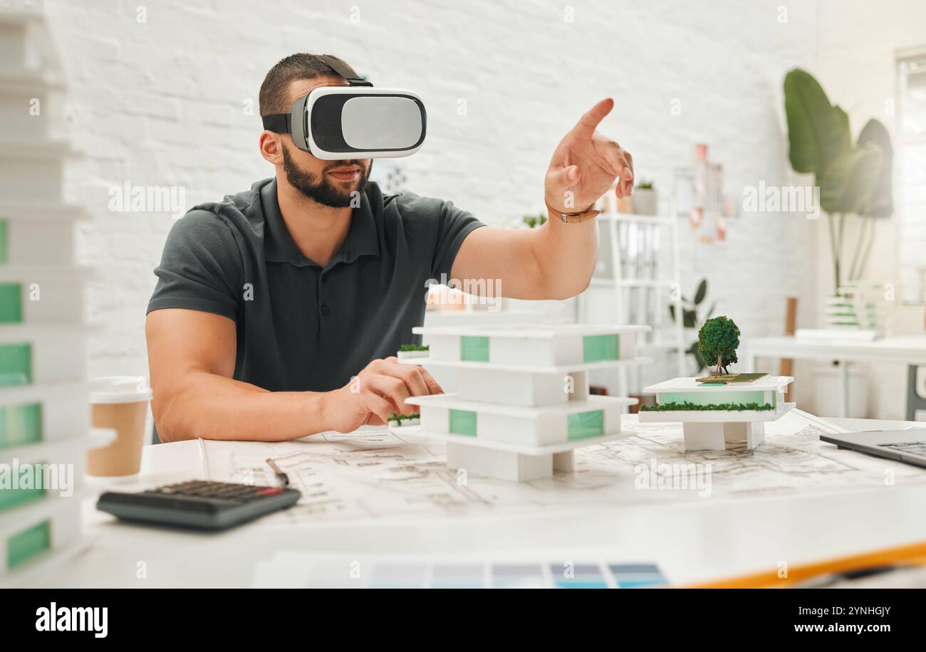 Businessman, architect and vr headset in office for building design ...