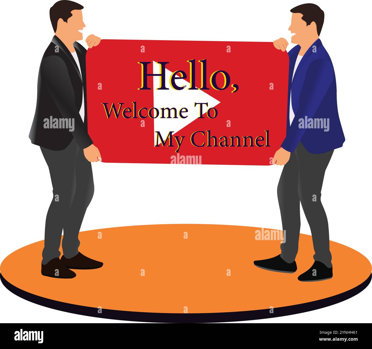 illustration of two men stand on a stage with a sign that says hello ...
