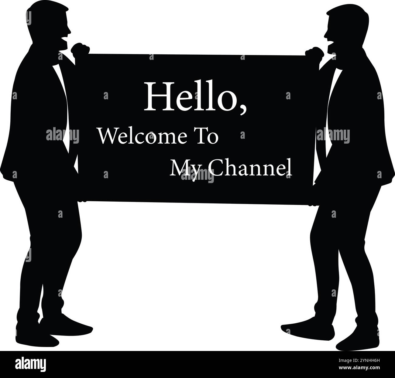 illustration of two men stand on a stage with a sign that says hello ...