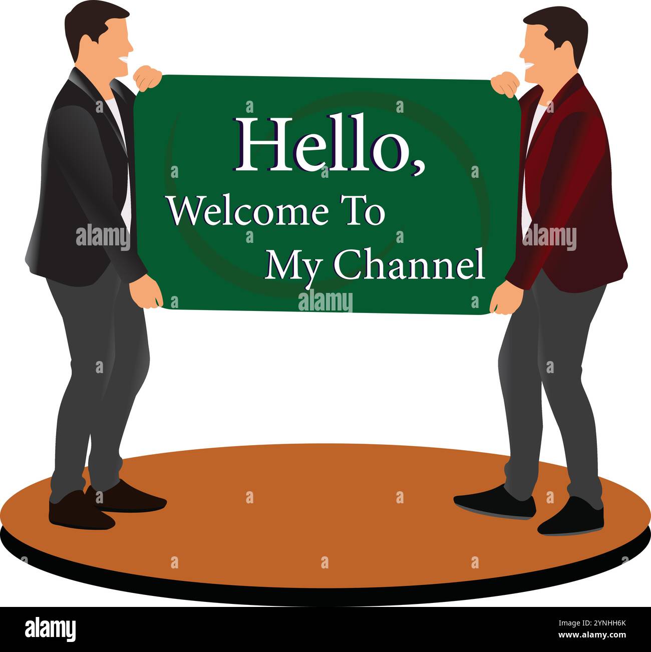 illustration of two men stand on a stage with a sign that says hello ...