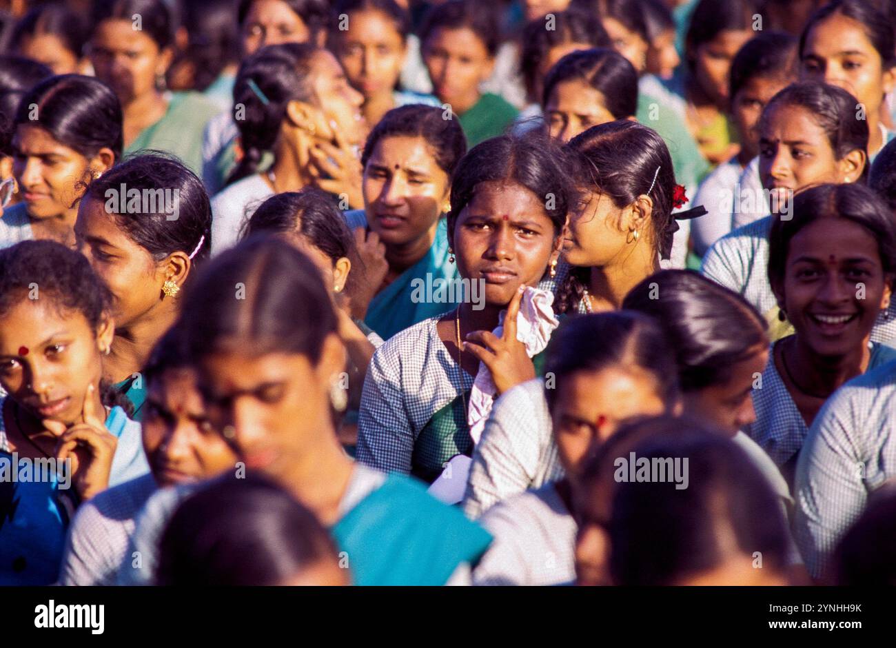 India, Madras/Chennai, Female students in school uniform at a meeting ...