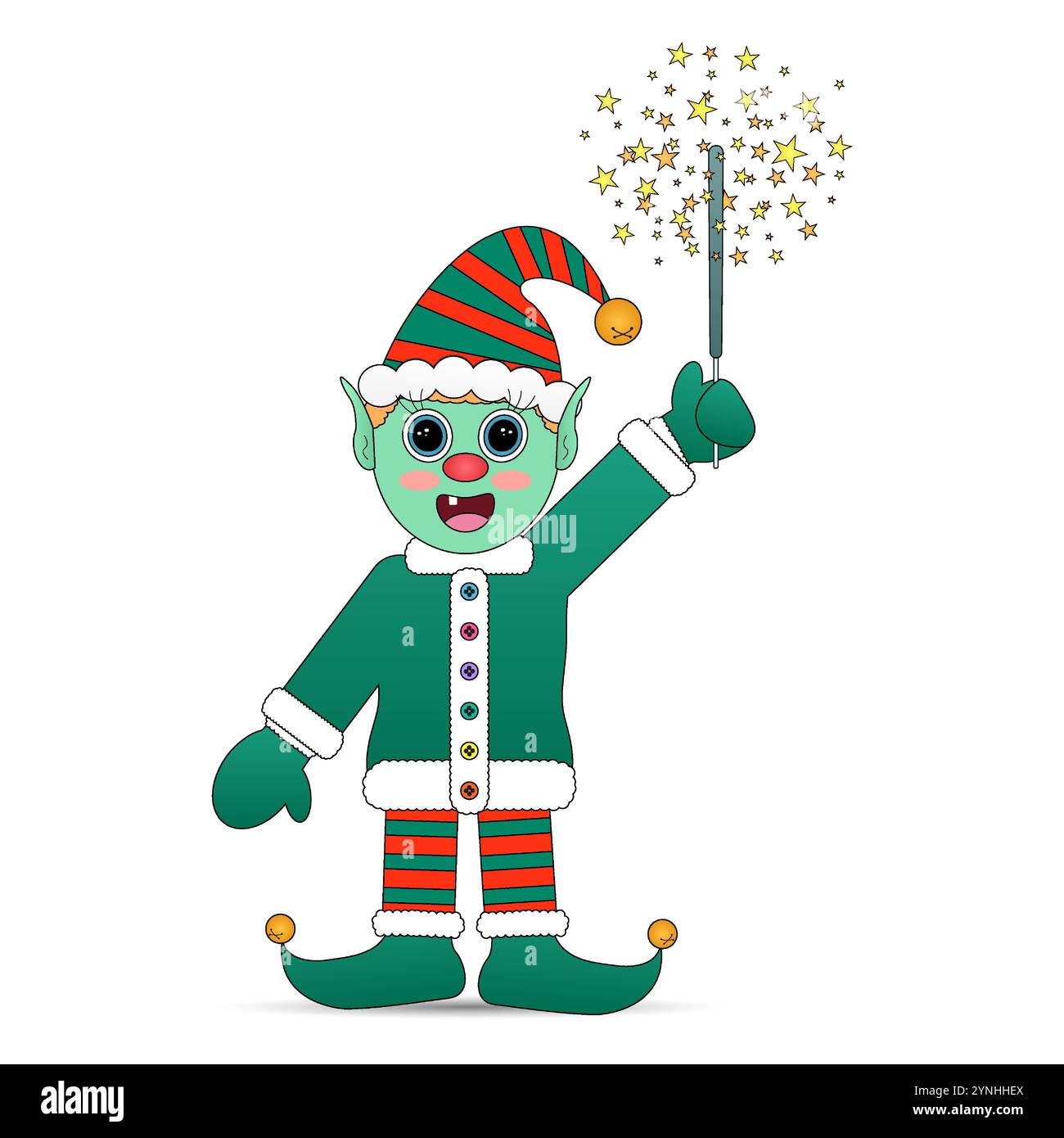 Cheerful cartoon elf in a green holiday outfit with striped hat ...