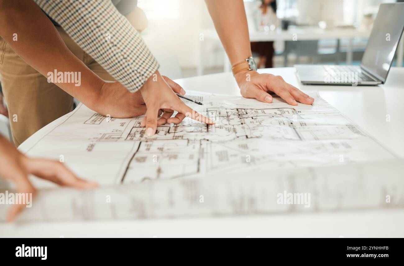 Employees, hands and blueprint for architecture project in office ...