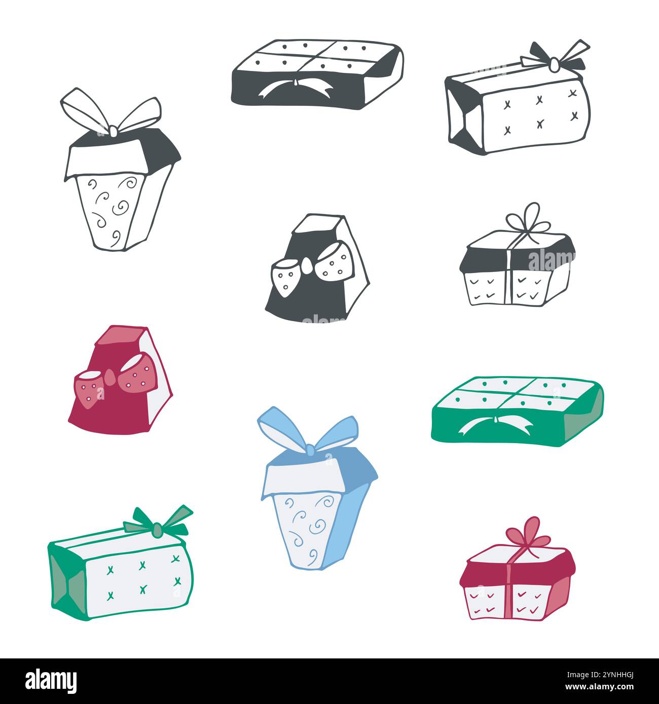 Present box, cute decorative outline and colored set. Hand drawn doodle ...