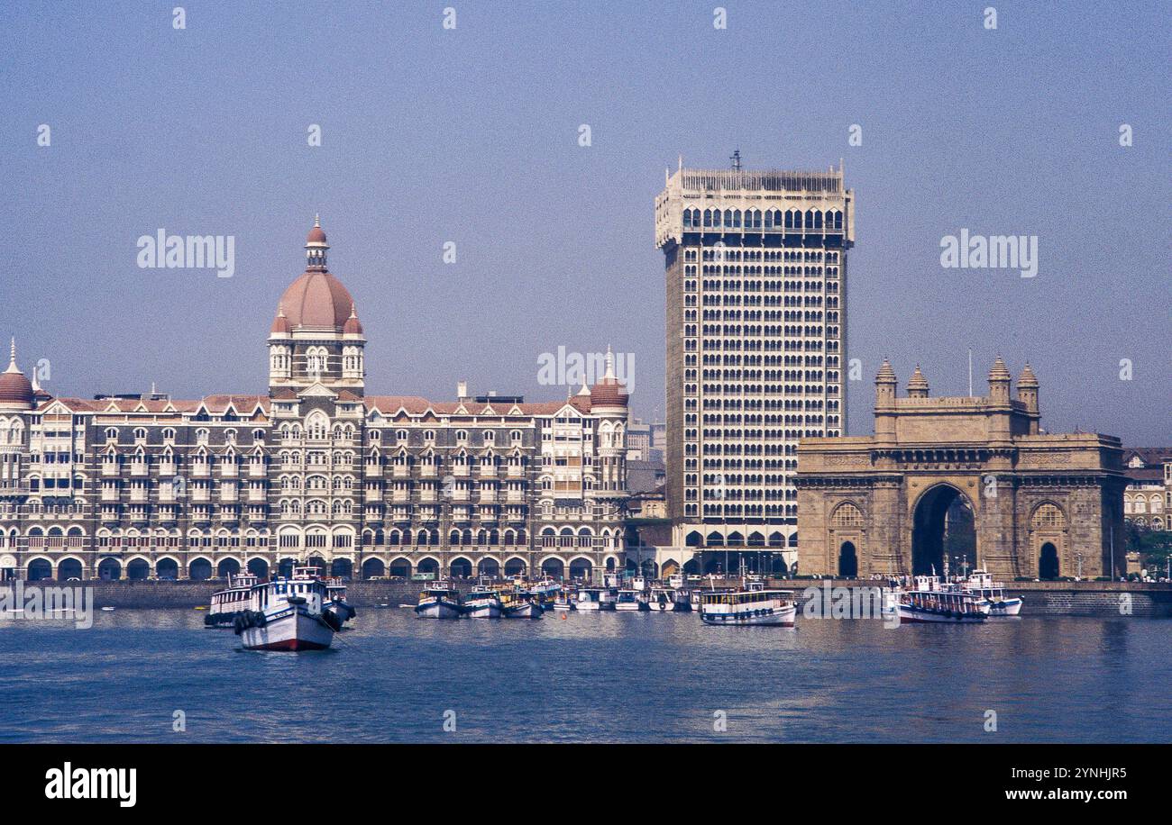 India, Bombay, city skyline with the Gateway right and the Hotel Taj ...