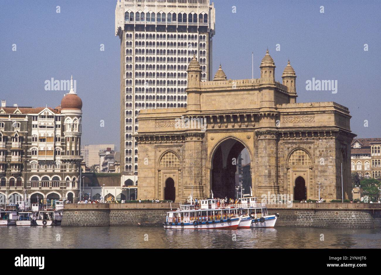 India, Bombay, city skyline with the Gateway right and the Hotel Taj ...