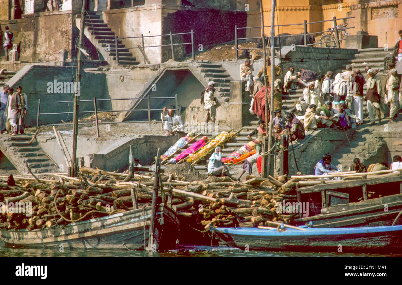India, Varanasi. Death bodies are waiting along the Ganges river for ...