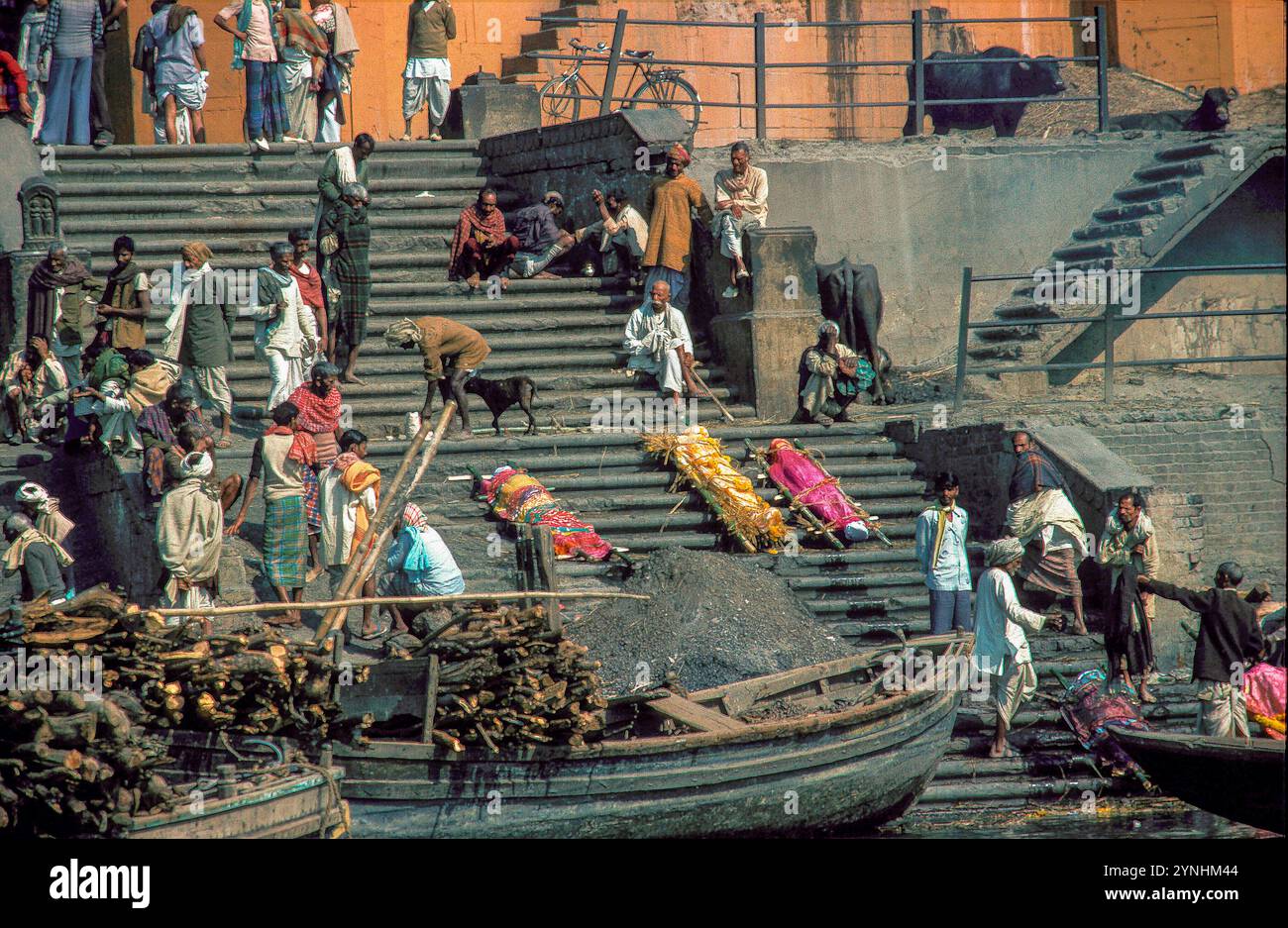 India, Varanasi, Benares, dead bodies are waiting for their ritual cremation on the Manikarnika ...