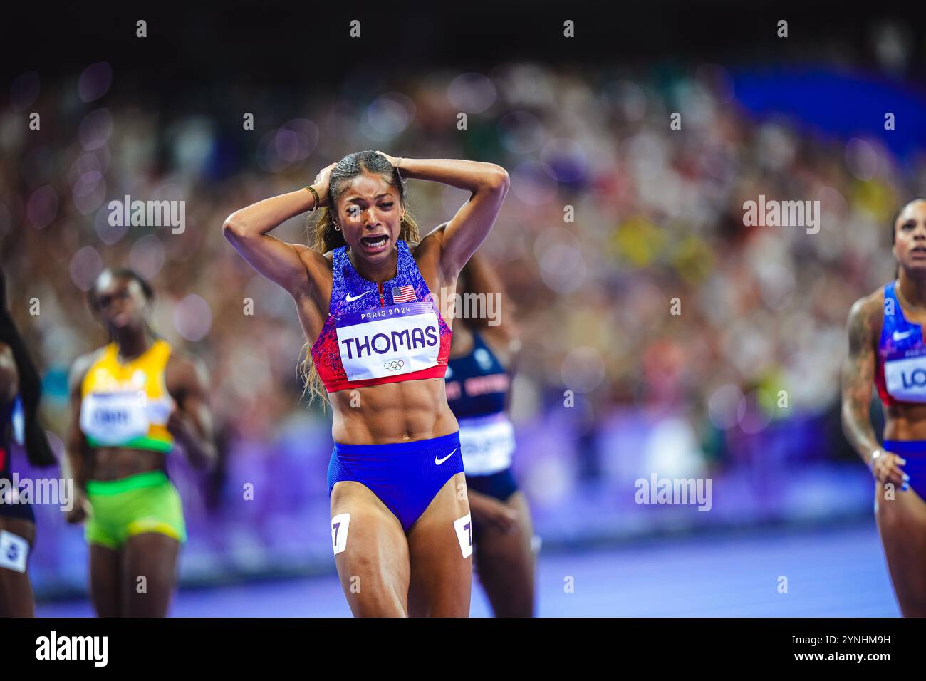 Gabrielle Thomas winning in the 200 meters relay at the Paris 2024 ...