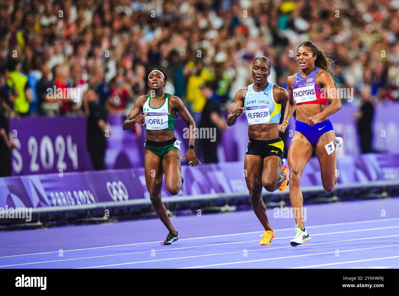 Gabrielle Thomas winning in the 200 meters relay at the Paris 2024 ...