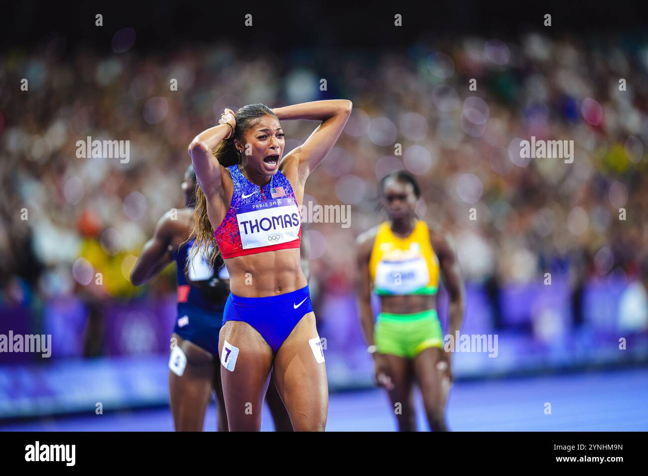 Gabrielle Thomas winning in the 200 meters relay at the Paris 2024 ...