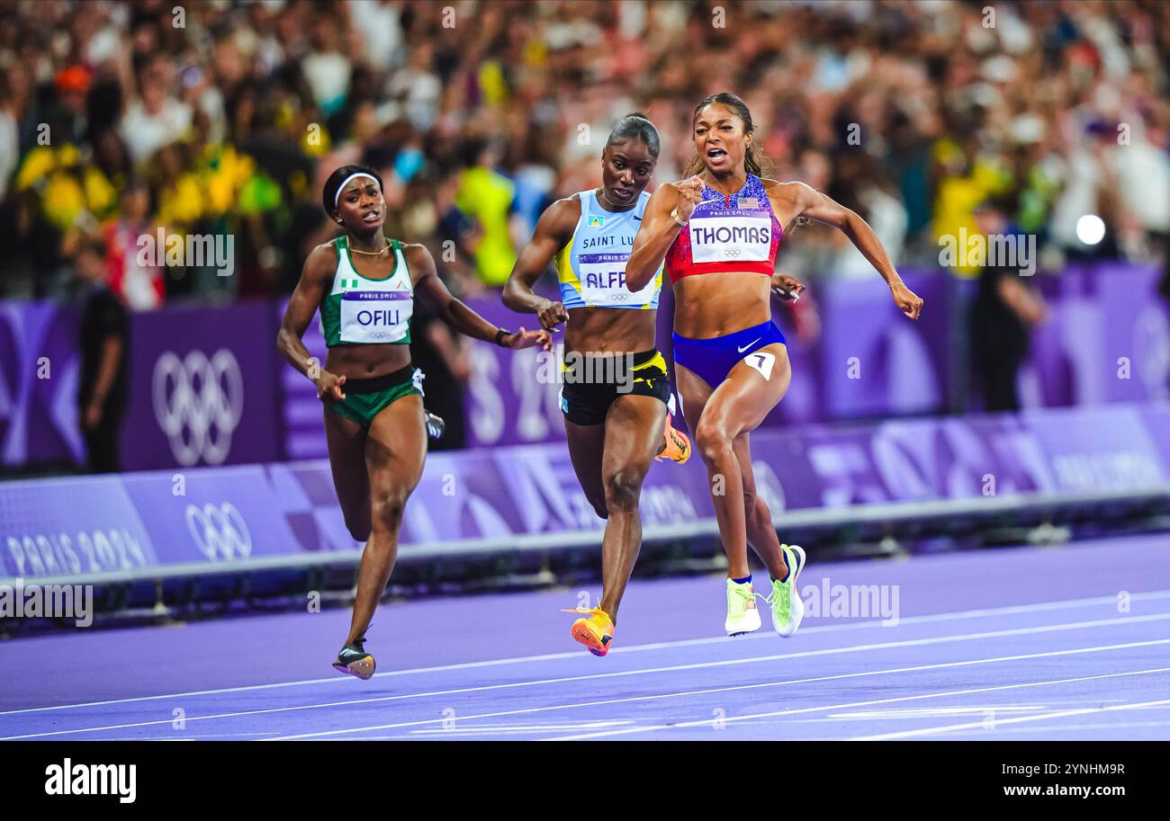Gabrielle Thomas winning in the 200 meters relay at the Paris 2024 ...