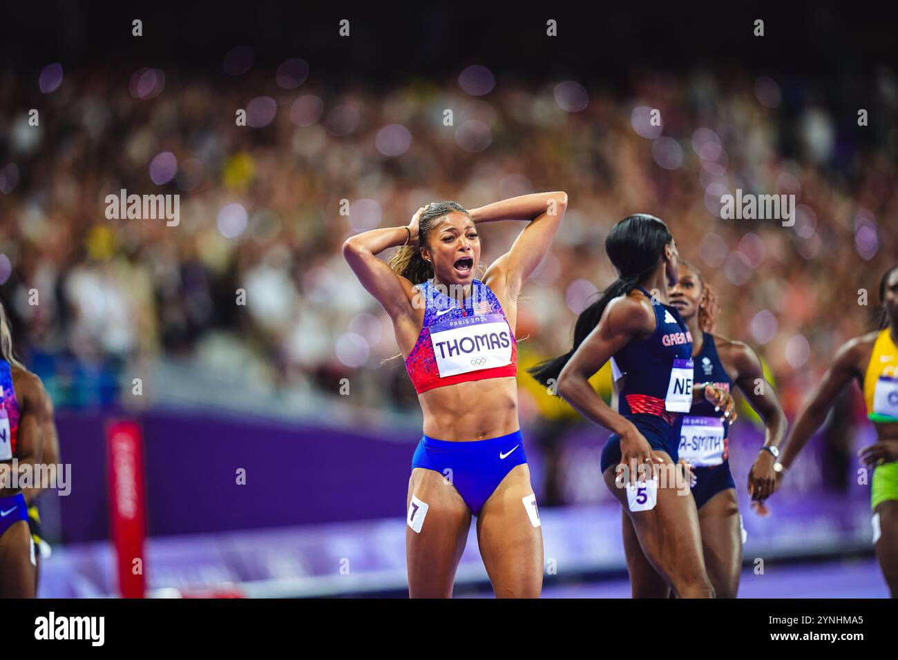 Gabrielle Thomas winning in the 200 meters relay at the Paris 2024 ...