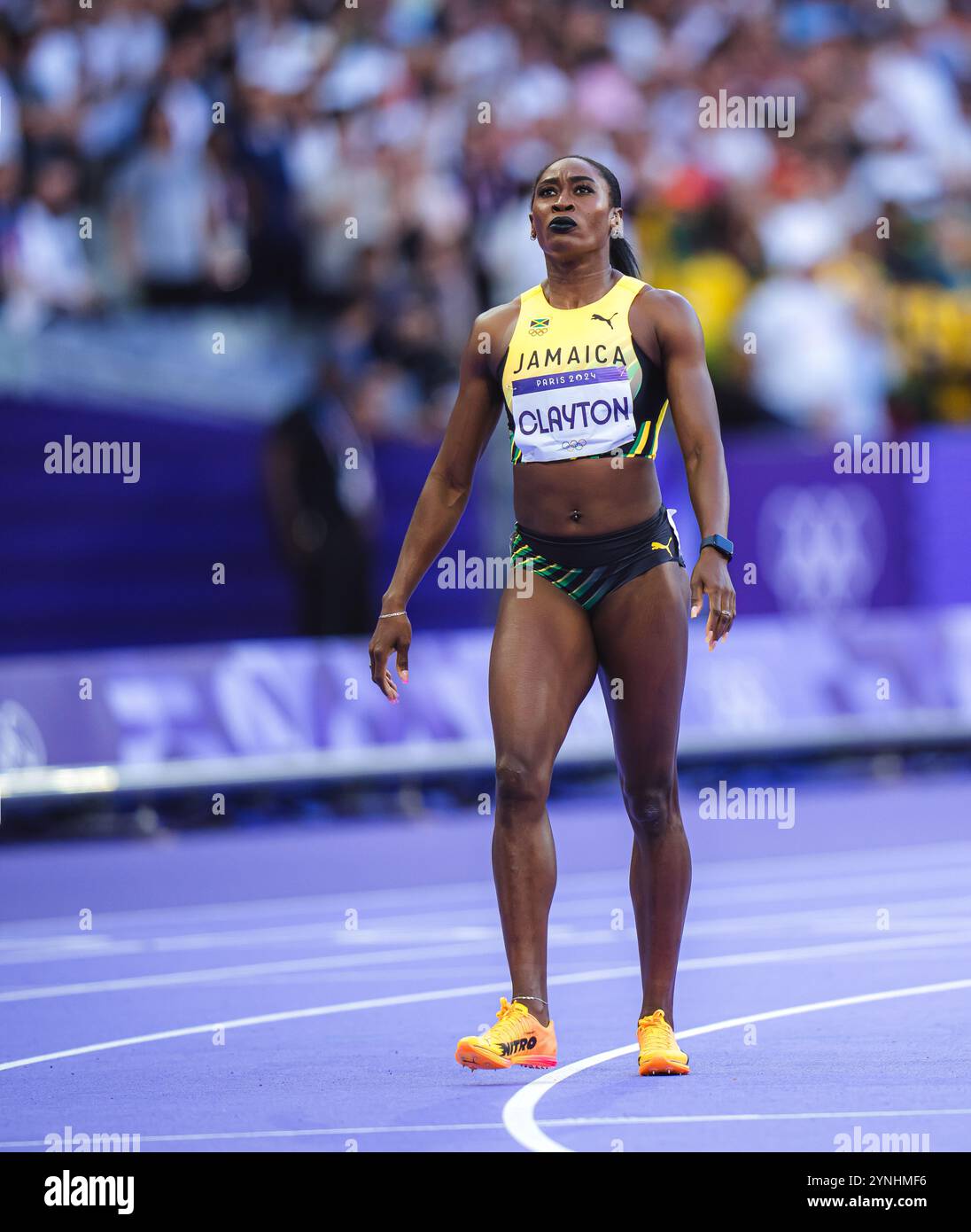 Rushell Clayton participating in the 400 meters hurdles at the Paris ...