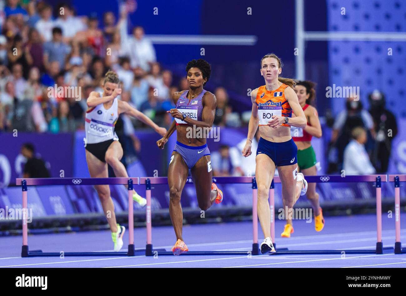 Femke Bol participating in the 400 meters hurdles at the Paris 2024 ...